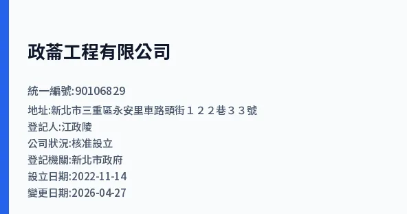 政菕工程有限公司的照片-統編 90106829(新北市) 公司登記資料與營業項目詳細圖表
