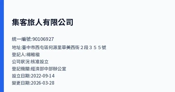 集客旅人有限公司的照片-統編 90106927(臺中市) 公司登記資料與營業項目詳細圖表