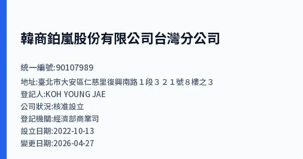 韓商鉑嵐股份有限公司台灣分公司的照片-統編 90107989(臺北市) 公司登記資料與營業項目詳細圖表