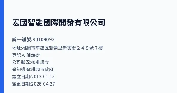 宏國智能國際開發有限公司的照片-統編 90109092(桃園市) 公司登記資料與營業項目詳細圖表