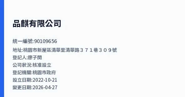 品麒有限公司的照片-統編 90109656(桃園市) 公司登記資料與營業項目詳細圖表
