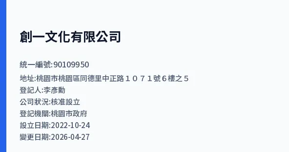 創一文化有限公司的照片-統編 90109950(桃園市) 公司登記資料與營業項目詳細圖表