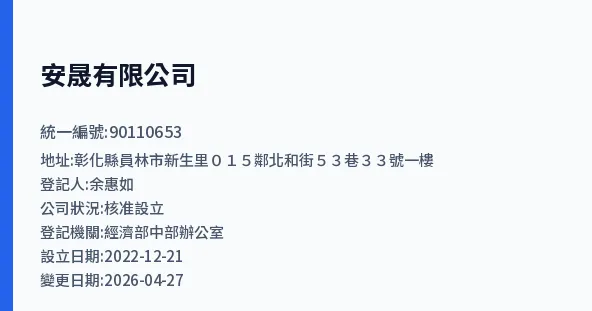 安晟有限公司的照片-統編 90110653(彰化縣) 公司登記資料與營業項目詳細圖表