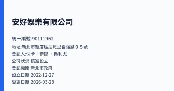 安好娛樂有限公司的照片-統編 90111962(新北市) 公司登記資料與營業項目詳細圖表