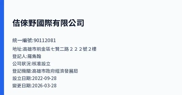 佶倈野國際有限公司的照片-統編 90112081(高雄市) 公司登記資料與營業項目詳細圖表