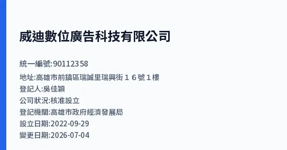 威迪數位廣告科技有限公司的照片-統編 90112358(高雄市) 公司登記資料與營業項目詳細圖表