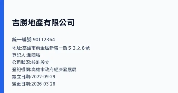 吉勝地產有限公司的照片-統編 90112364(高雄市) 公司登記資料與營業項目詳細圖表