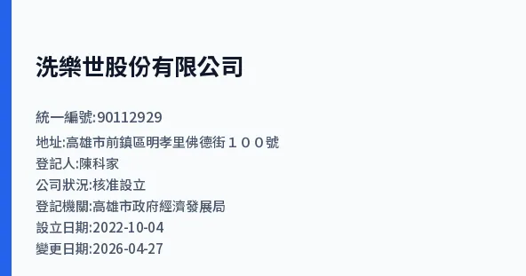 洗樂世股份有限公司的照片-統編 90112929(高雄市) 公司登記資料與營業項目詳細圖表