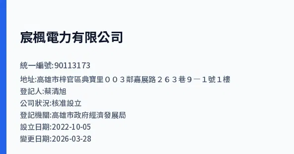 宸楓電力有限公司的照片-統編 90113173(高雄市) 公司登記資料與營業項目詳細圖表
