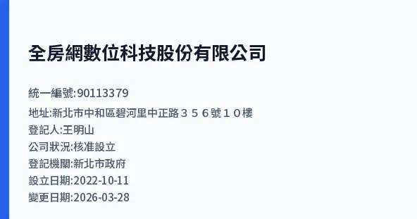 全房網數位科技股份有限公司的照片-統編 90113379(新北市) 公司登記資料與營業項目詳細圖表