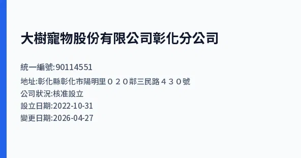 大樹寵物股份有限公司彰化分公司的照片-統編 90114551(彰化縣) 公司登記資料與營業項目詳細圖表