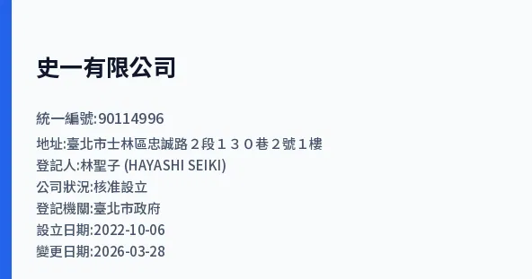 史一有限公司的照片-統編 90114996(臺北市) 公司登記資料與營業項目詳細圖表