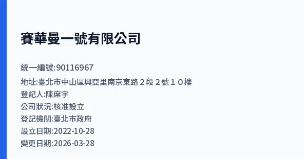 賽華曼一號有限公司的照片-統編 90116967(臺北市) 公司登記資料與營業項目詳細圖表