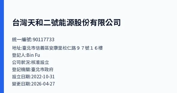 台灣天和二號能源股份有限公司的照片-統編 90117733(臺北市) 公司登記資料與營業項目詳細圖表