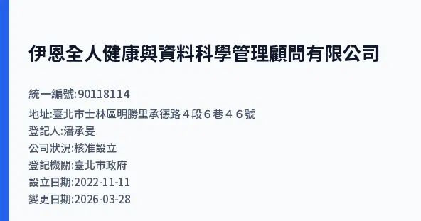 伊恩全人健康與資料科學管理顧問有限公司的照片-統編 90118114(臺北市) 公司登記資料與營業項目詳細圖表