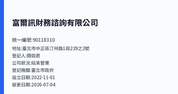 富爾訊財務諮詢有限公司的照片-統編 90118310(臺北市) 公司登記資料與營業項目詳細圖表