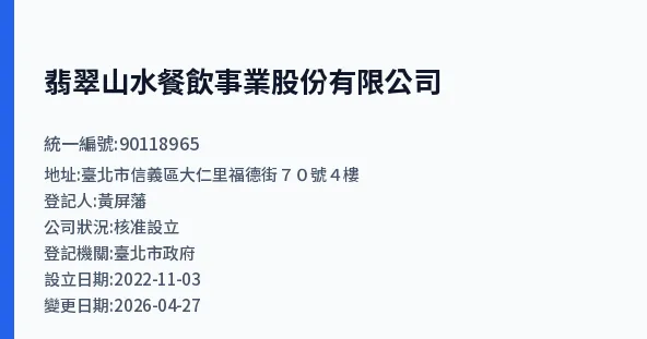 翡翠山水餐飲事業股份有限公司的照片-統編 90118965(臺北市) 公司登記資料與營業項目詳細圖表
