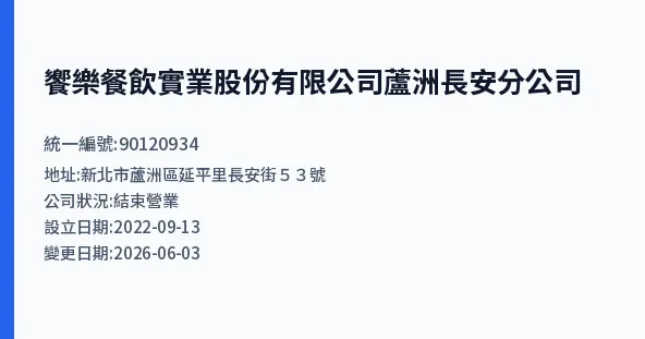 饗樂餐飲實業股份有限公司蘆洲長安分公司的照片-統編 90120934(新北市) 公司登記資料與營業項目詳細圖表