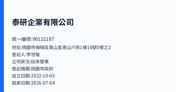 泰研企業有限公司的照片-統編 90122187(桃園市) 公司登記資料與營業項目詳細圖表