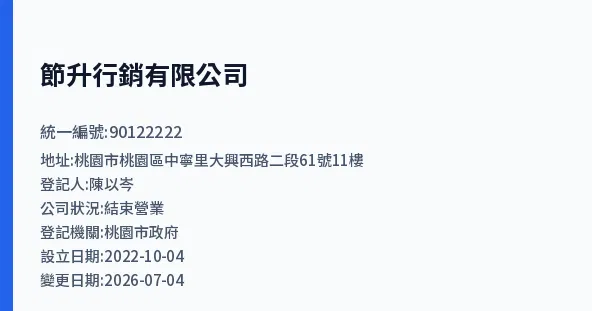 節升行銷有限公司的照片-統編 90122222(桃園市) 公司登記資料與營業項目詳細圖表