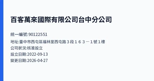 百客萬來國際有限公司台中分公司的照片-統編 90122551(臺中市) 公司登記資料與營業項目詳細圖表