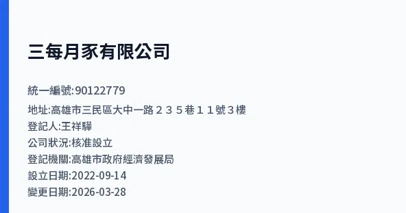三每月豕有限公司的照片-統編 90122779(高雄市) 公司登記資料與營業項目詳細圖表