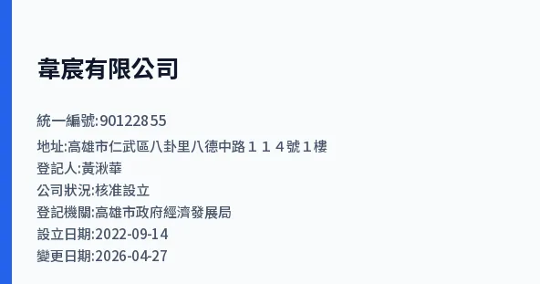 韋宸有限公司的照片-統編 90122855(高雄市) 公司登記資料與營業項目詳細圖表