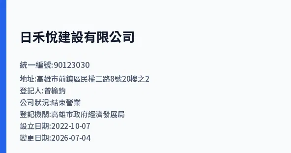 日禾悅建設有限公司的照片-統編 90123030(高雄市) 公司登記資料與營業項目詳細圖表