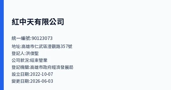 紅中天有限公司的照片-統編 90123073(高雄市) 公司登記資料與營業項目詳細圖表