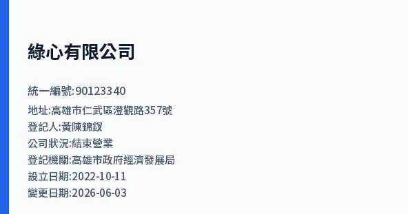 綠心有限公司的照片-統編 90123340(高雄市) 公司登記資料與營業項目詳細圖表