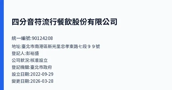 四分音符流行餐飲股份有限公司的照片-統編 90124208(臺北市) 公司登記資料與營業項目詳細圖表