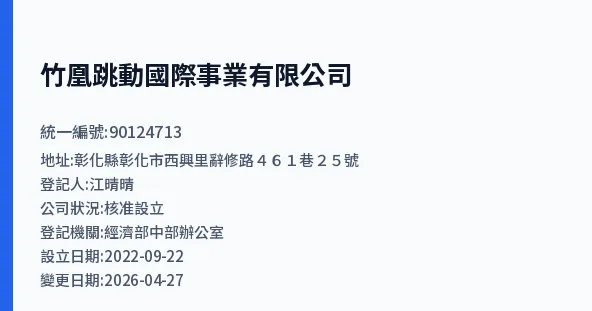 竹凰跳動國際事業有限公司的照片-統編 90124713(彰化縣) 公司登記資料與營業項目詳細圖表
