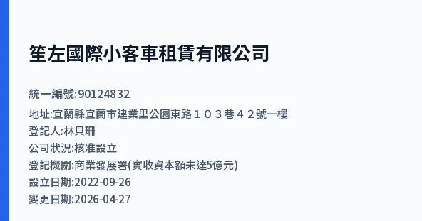 笙左國際小客車租賃有限公司的照片-統編 90124832(宜蘭縣) 公司登記資料與營業項目詳細圖表