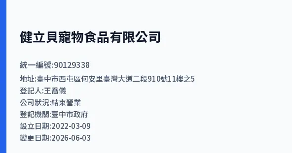 健立貝寵物食品有限公司的照片-統編 90129338(臺中市) 公司登記資料與營業項目詳細圖表