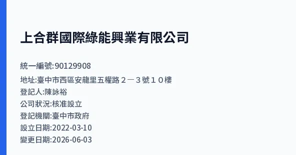 上合群國際綠能興業有限公司的照片-統編 90129908(臺中市) 公司登記資料與營業項目詳細圖表