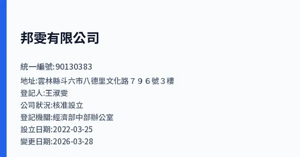 邦雯有限公司的照片-統編 90130383(雲林縣) 公司登記資料與營業項目詳細圖表