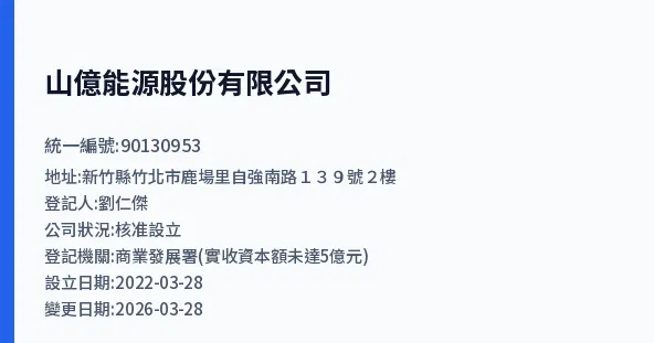 山億能源股份有限公司的照片-統編 90130953(新竹縣) 公司登記資料與營業項目詳細圖表