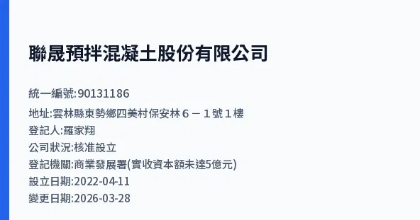 聯晟預拌混凝土股份有限公司的照片-統編 90131186(雲林縣) 公司登記資料與營業項目詳細圖表