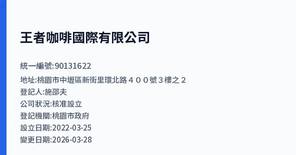 王者咖啡國際有限公司的照片-統編 90131622(桃園市) 公司登記資料與營業項目詳細圖表