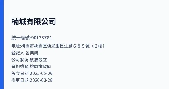 楠城有限公司的照片-統編 90133781(桃園市) 公司登記資料與營業項目詳細圖表