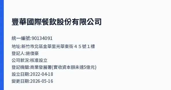 豐華國際餐飲股份有限公司的照片-統編 90134091(新竹市) 公司登記資料與營業項目詳細圖表