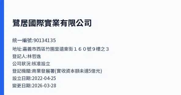 鷺居國際實業有限公司的照片-統編 90134135(嘉義市) 公司登記資料與營業項目詳細圖表