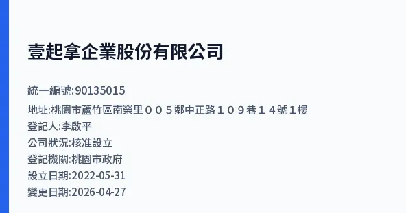 壹起拿企業股份有限公司的照片-統編 90135015(桃園市) 公司登記資料與營業項目詳細圖表