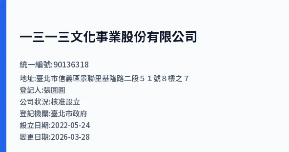 一三一三文化事業股份有限公司的照片-統編 90136318(臺北市) 公司登記資料與營業項目詳細圖表