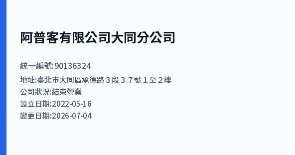 阿普客有限公司大同分公司的照片-統編 90136324(臺北市) 公司登記資料與營業項目詳細圖表