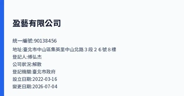 盈藝有限公司的照片-統編 90138456(臺北市) 公司登記資料與營業項目詳細圖表