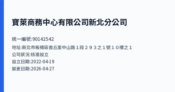 寶萊商務中心有限公司新北分公司的照片-統編 90142542(新北市) 公司登記資料與營業項目詳細圖表