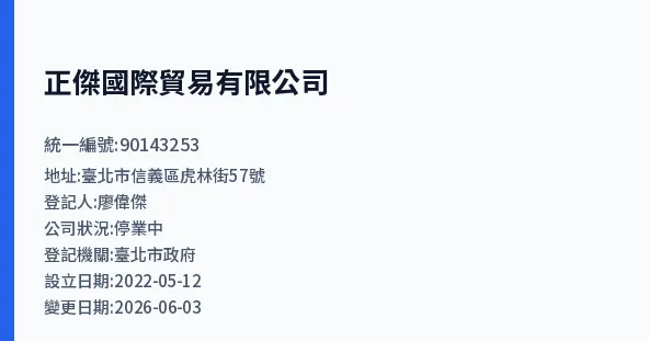 正傑國際貿易有限公司的照片-統編 90143253(臺北市) 公司登記資料與營業項目詳細圖表