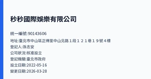 秒秒國際娛樂有限公司的照片-統編 90143606(臺北市) 公司登記資料與營業項目詳細圖表