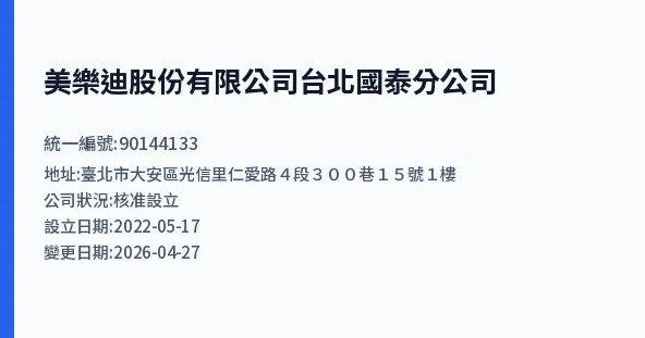 美樂迪股份有限公司台北國泰分公司的照片-統編 90144133(臺北市) 公司登記資料與營業項目詳細圖表